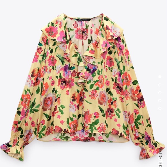 Zara | Tops | Zara Yellow Floral Print Ruffle Blouse | Poshmark